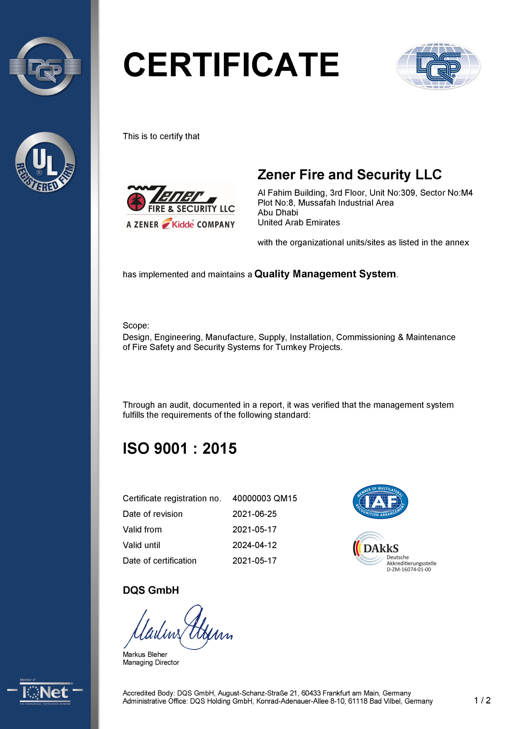 ISO UL Certifications Zener ISO UL Certifications Zener